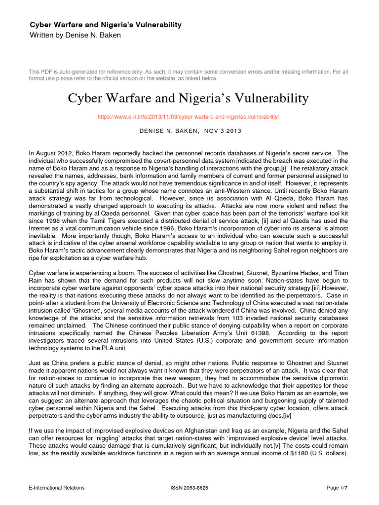 Cyber Warfare and Nigerias Vulnerability | PDF | Cyberwarfare | Security