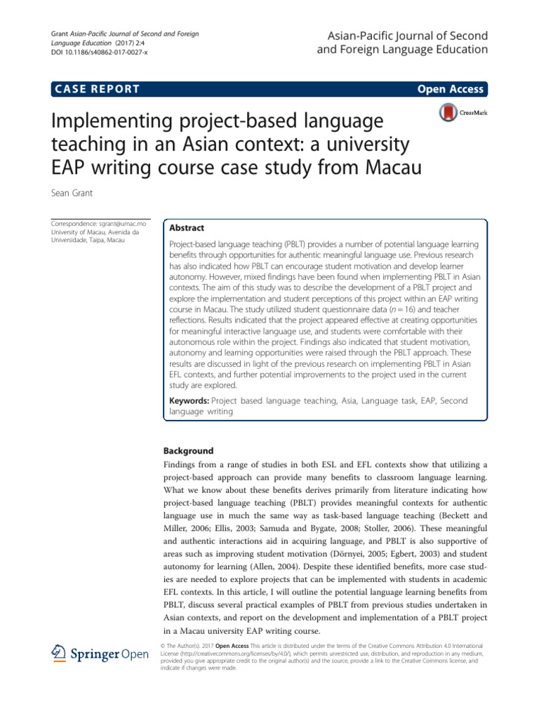 PBLT in EAP Writing: Macau Case Study | PDF | English As A Second Or ...