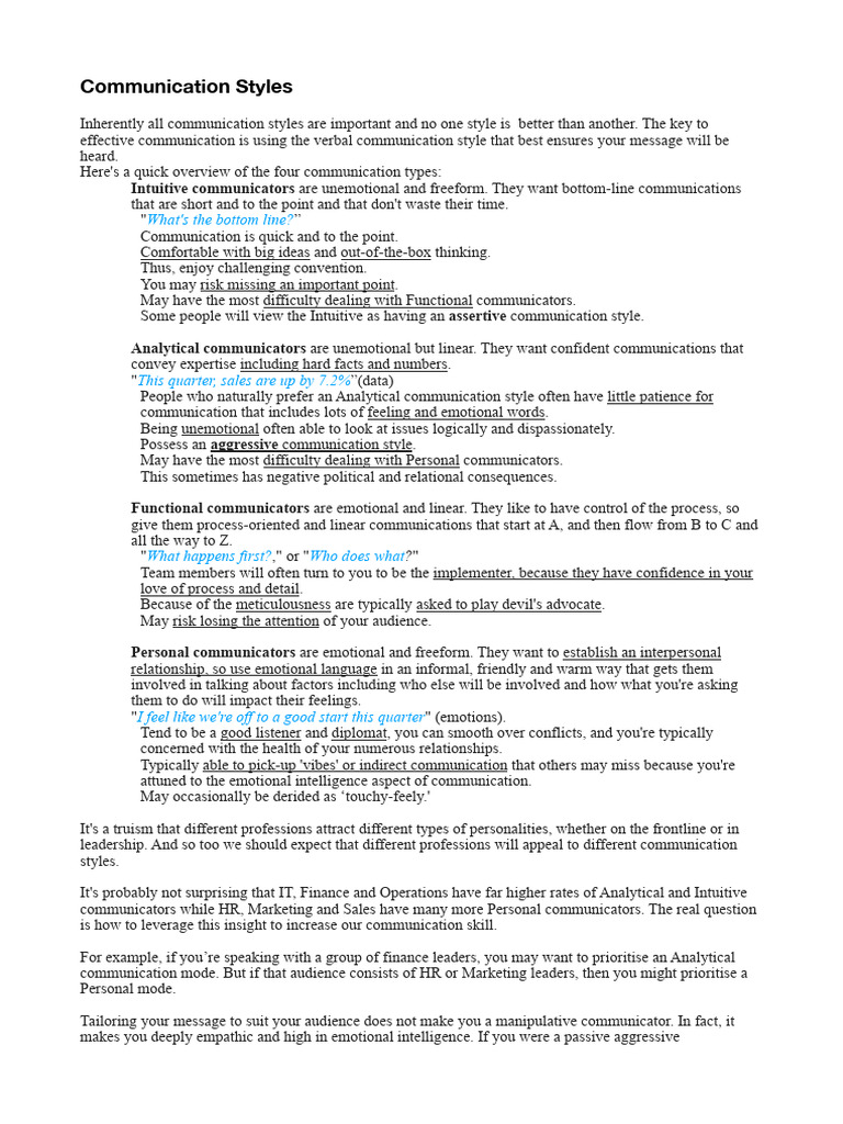 Comm Styles Handout | Download Free PDF | Communication | Aggression