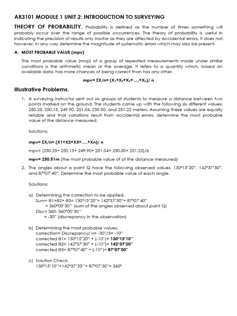 AR 3101 MODULE 1 UNIT 2_INTRODUCTION TO SURVEYING | PDF | Accuracy And Precision | Probability