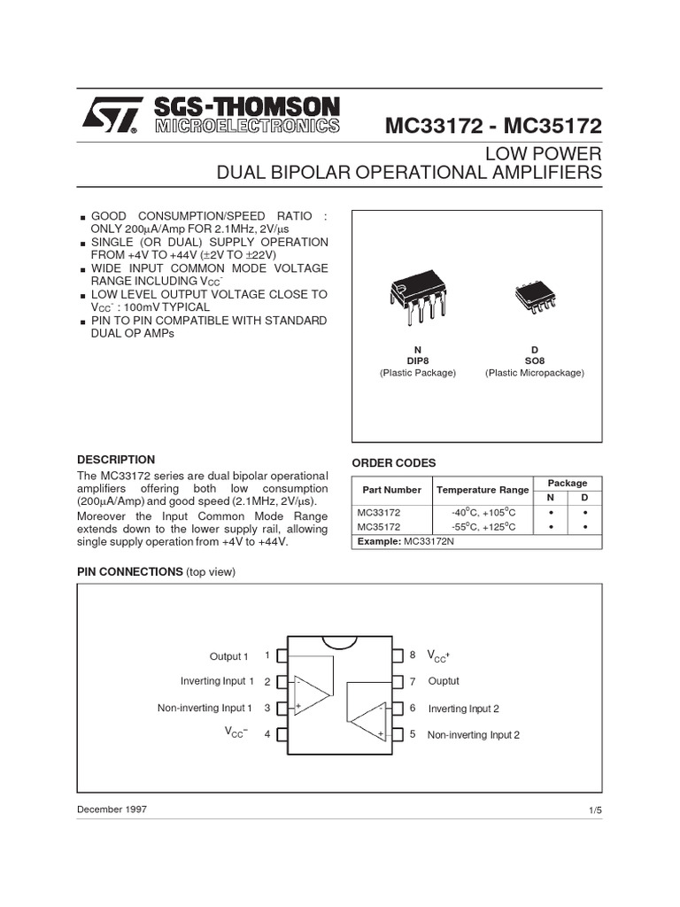 MC33172 Datasheet | PDF | Operational Amplifier | Amplifier