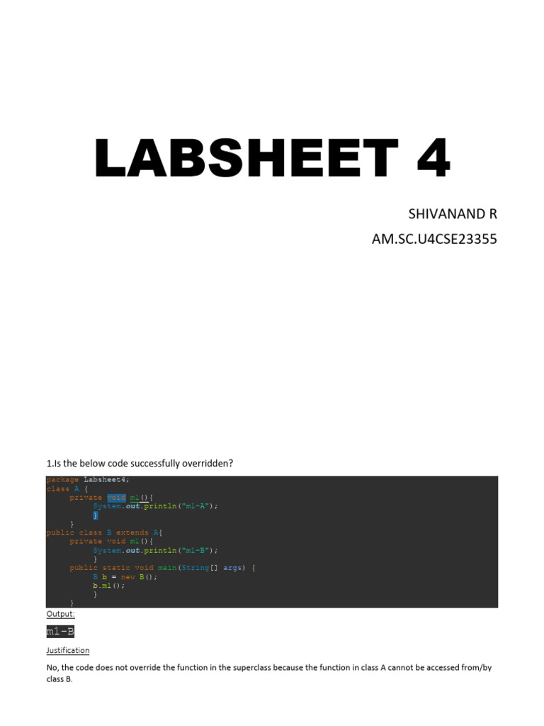 Cse23355 Labsheet 4 Pdf Method Computer Programming Inheritance Object Oriented