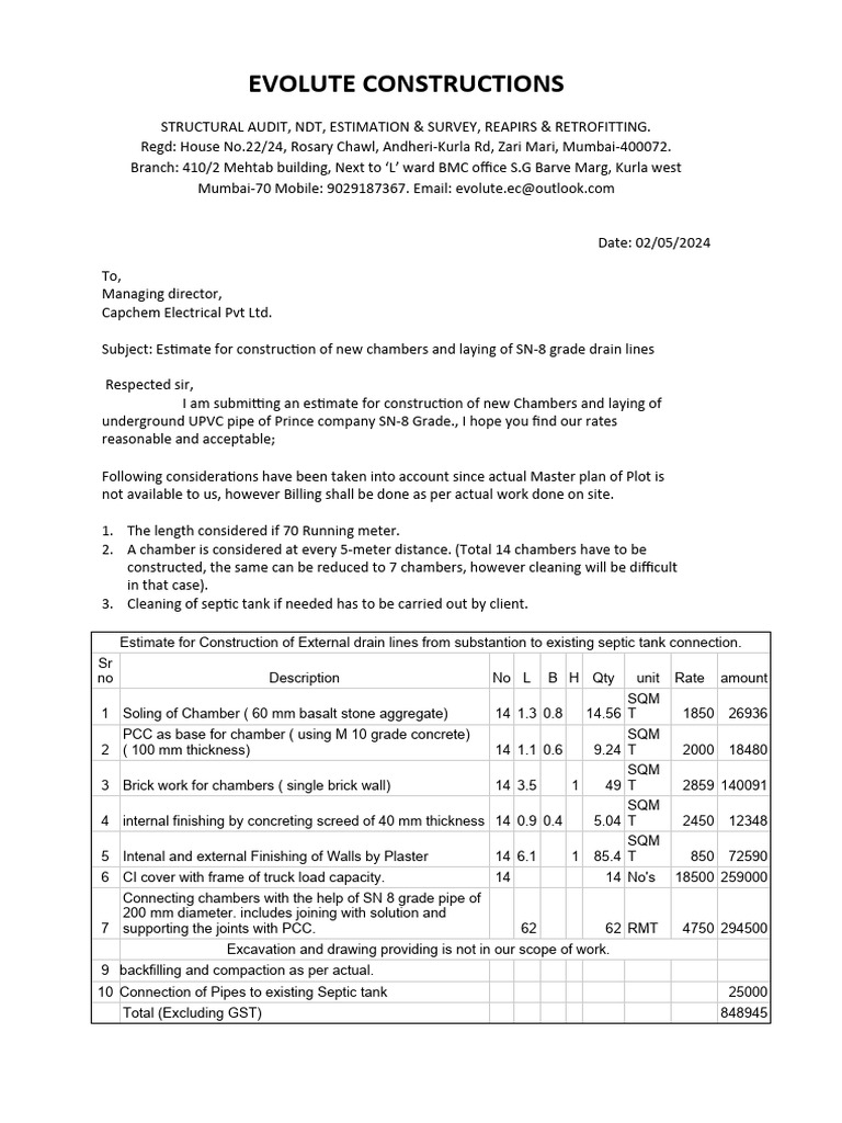 Construction Estimate for Chambers & Drain Lines | PDF | Building ...