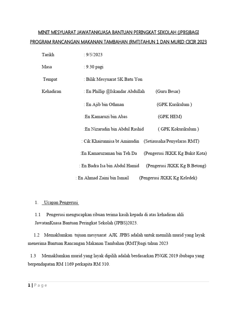Minit Mesyuarat Jawatankuasa RMT Cicir 2023 | PDF