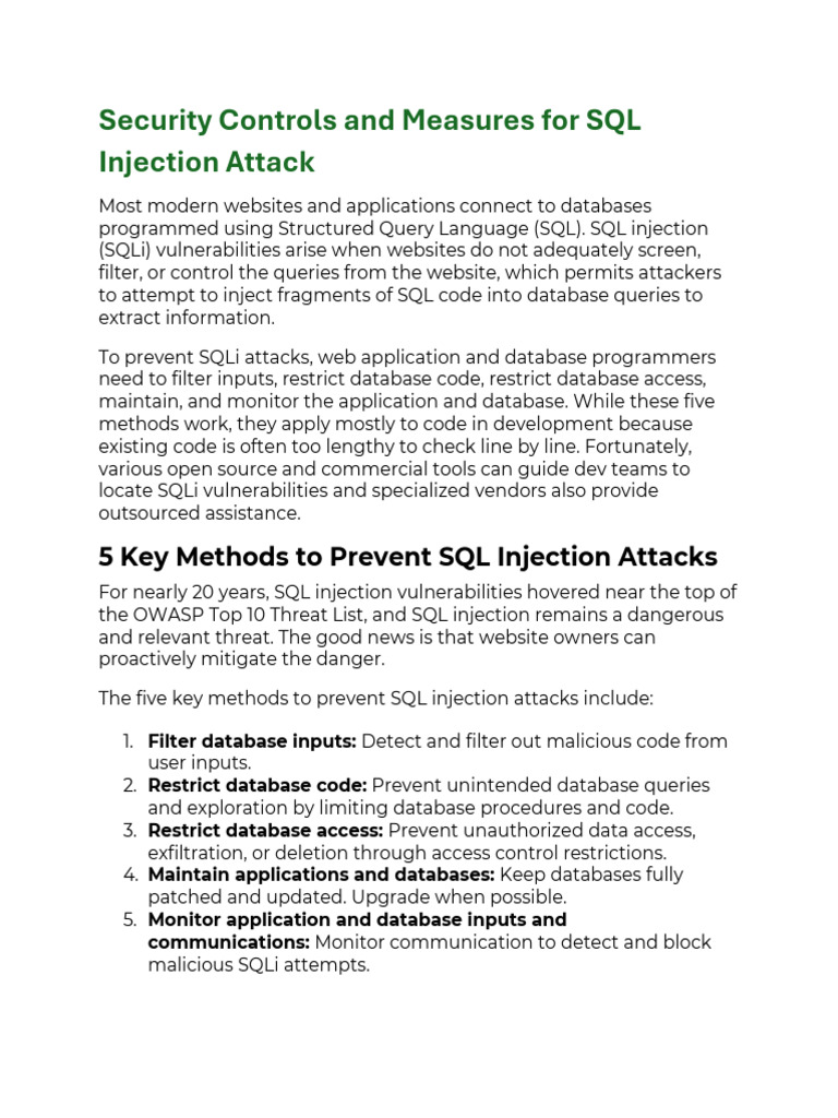 Security Controls and Measures For SQL Injection Attack (TASK 4) | PDF ...