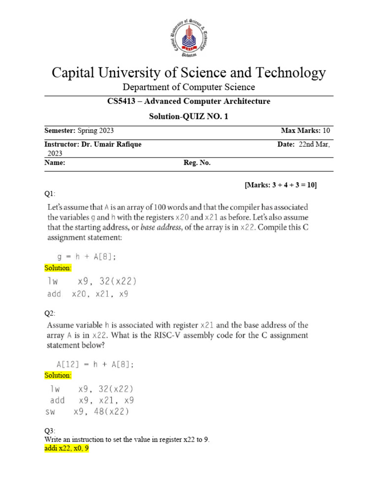 Quiz 1-Solution Computer Architecture | PDF