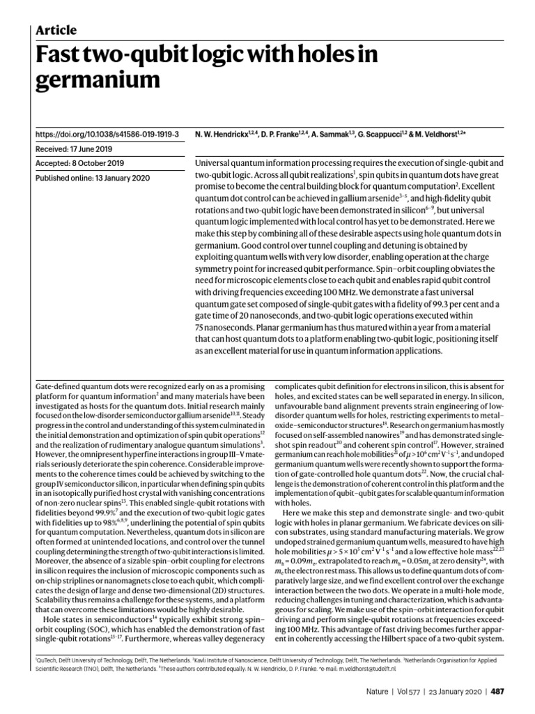Fast Two-Qubit Logic With Holes in | PDF | Quantum Tunnelling | Spin (Physics)
