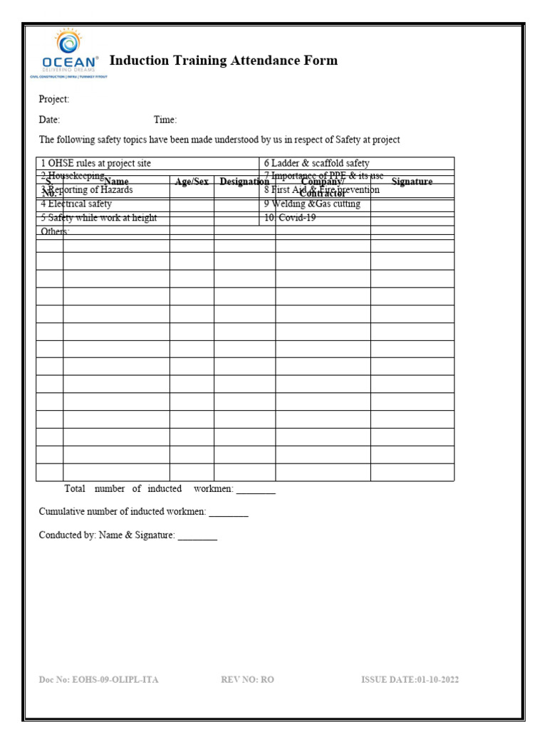 09.EOHS-OLIPL-Induction Training Attendance Form | PDF