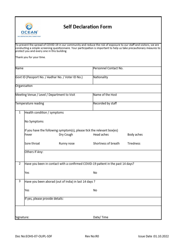 07.EOHS-OLIPL-Self Declaration Form | PDF