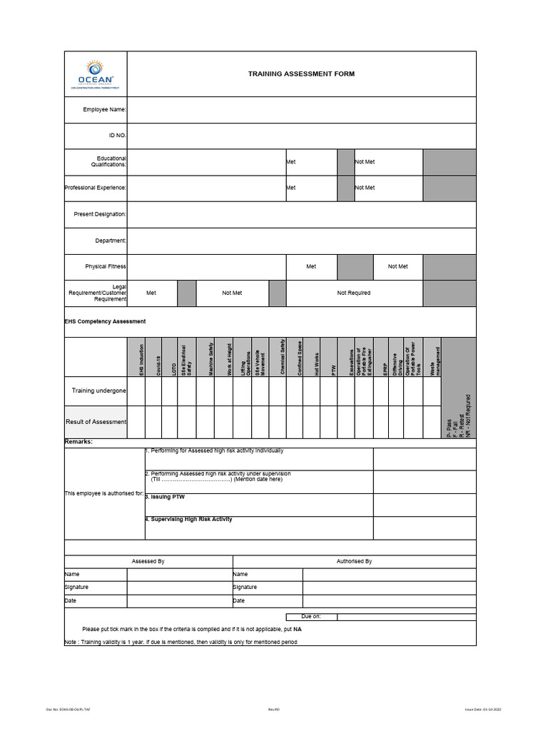 Employee Training Assessment Form | PDF | Safety