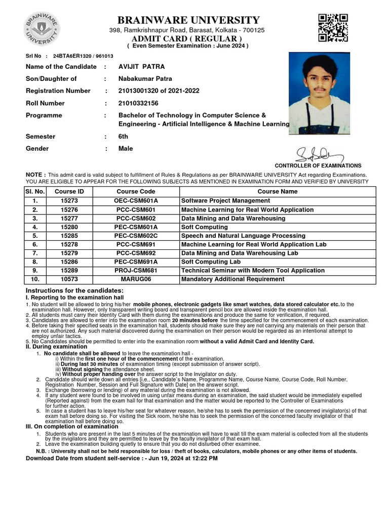 Student Admit Card | PDF | Computer Science | Computing