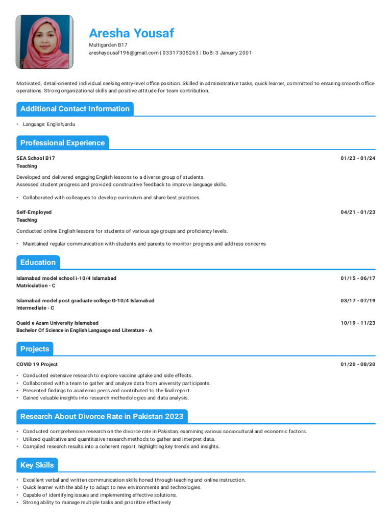 Aresha Yousaf - CV | PDF | Learning | Behavior Modification