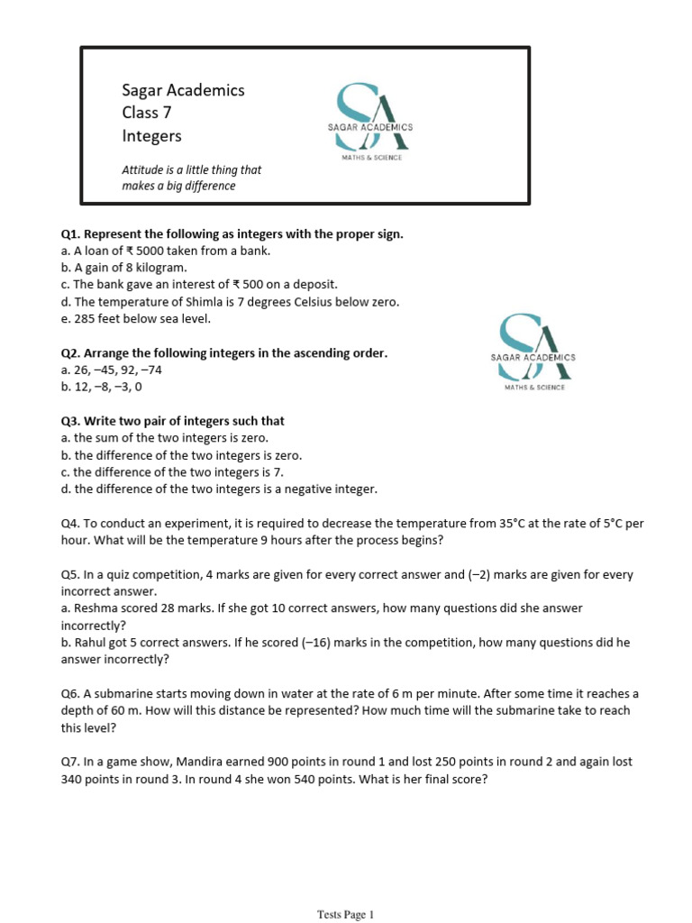 VII Integers Test | PDF