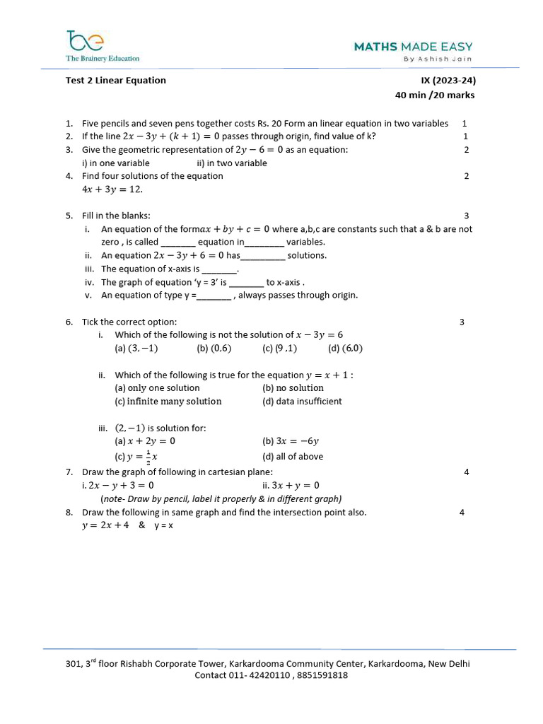 Linear Equation Test Sub | PDF