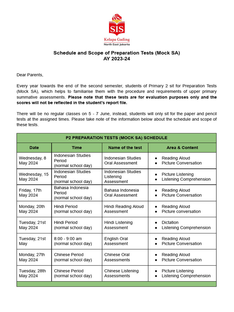 Scope of Primary 2 Preparation Tests (Mock SA) AY 2023-24 | PDF ...