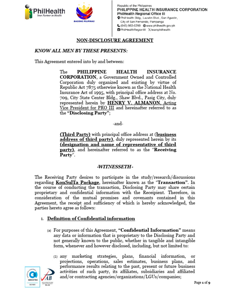 NDA-Konsulta-2023-bagong-pilipinas_vp-almanon_footer-socotec | PDF | Confidentiality | Discovery ...