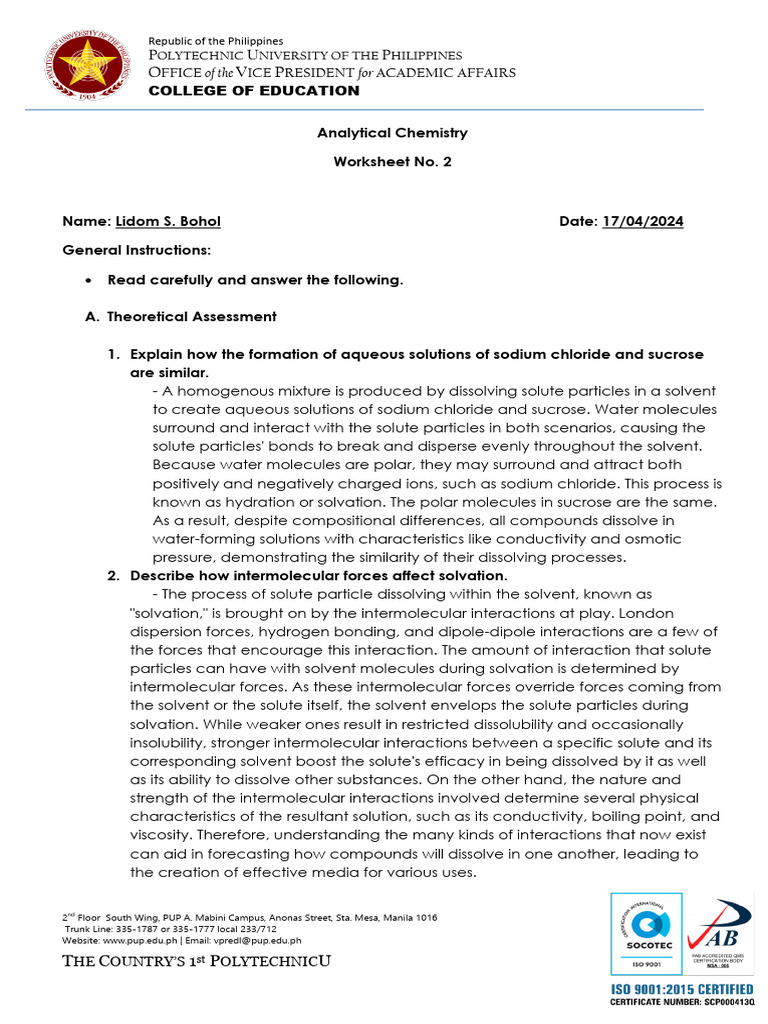 Analytical Chemistry Worksheet on Solvation | PDF | Solvation | Physical Sciences