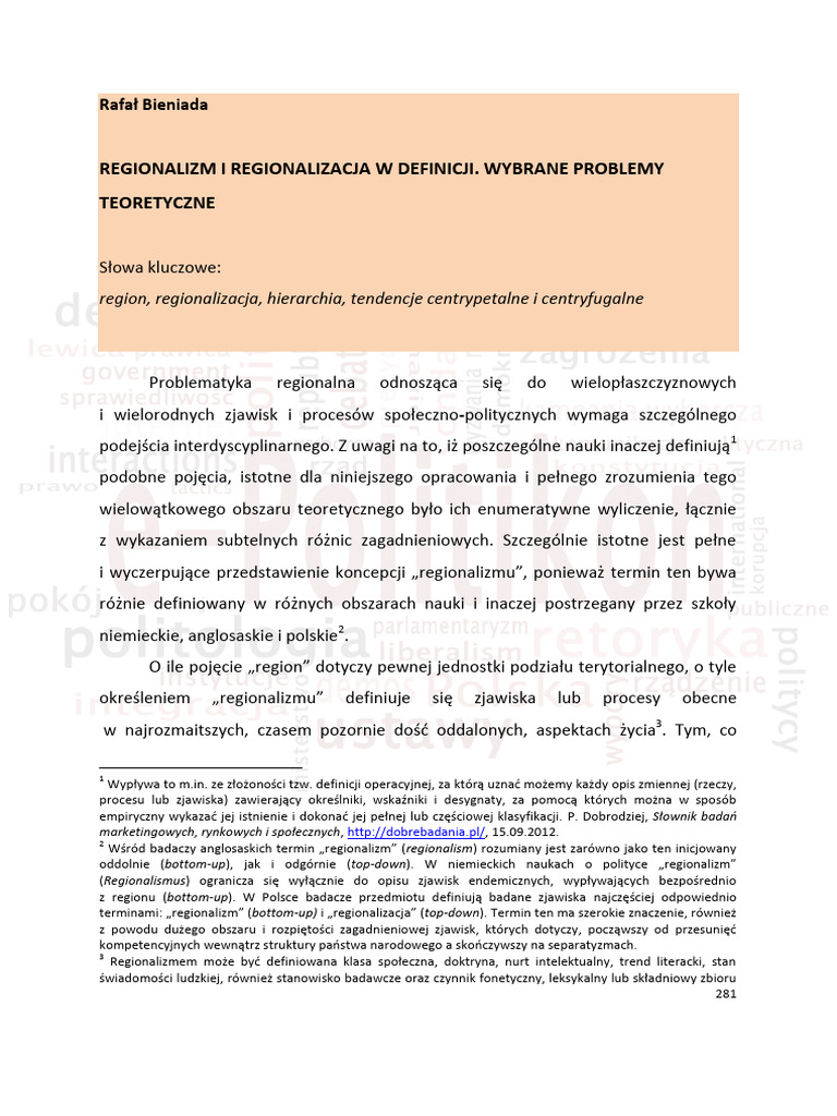 R.Bieniada Regionalizm I Regionalizacja W Definicji - Wybrene Problemy Teoretyczne Kopia | PDF