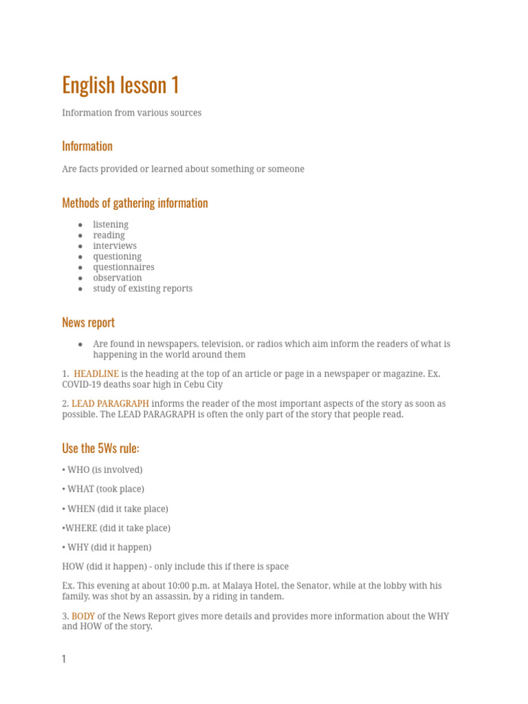 English Lesson 1-1 | Download Free PDF | Primary Sources | Newspapers