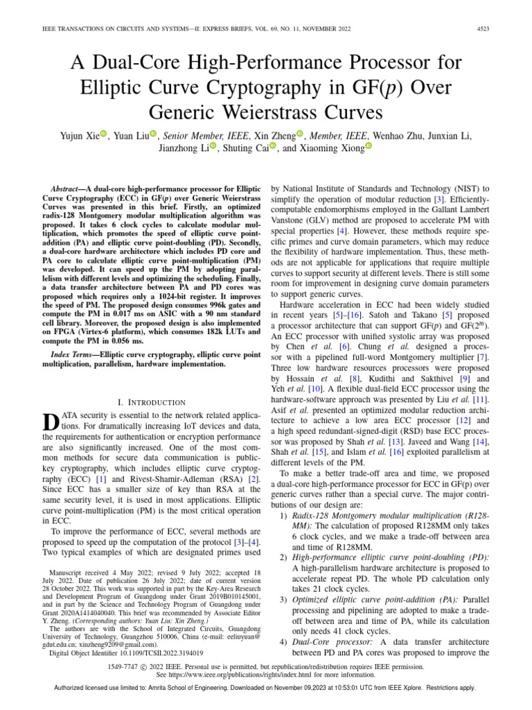A Dual Core High Performance Processor For Elliptic Curve Cryptography In Gfp Over Generic