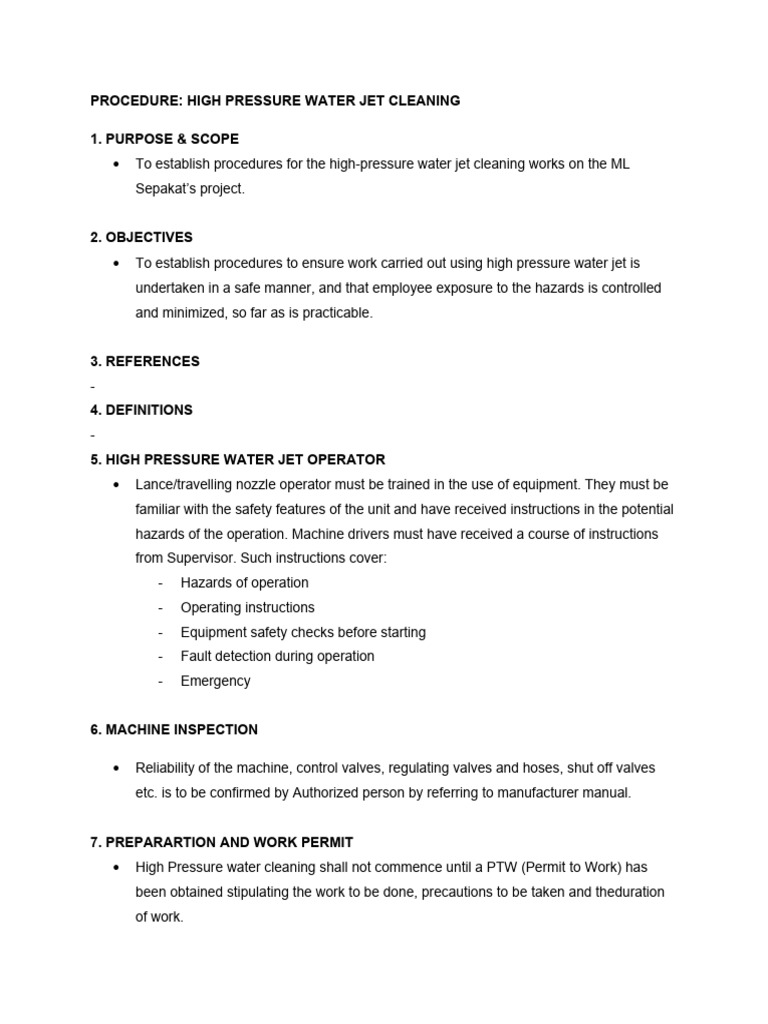 SOP High Pressure Water Jet Cleaning | PDF | Valve | Occupational ...