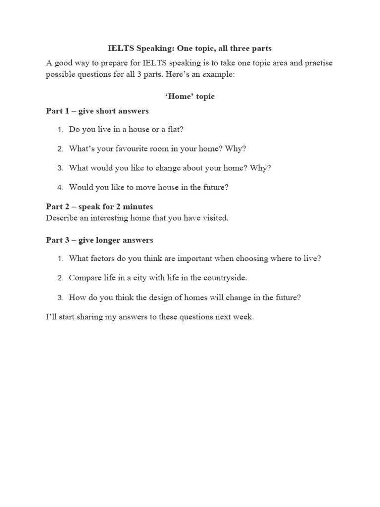 IELTS Speaking - One Topic, All Three Parts | PDF