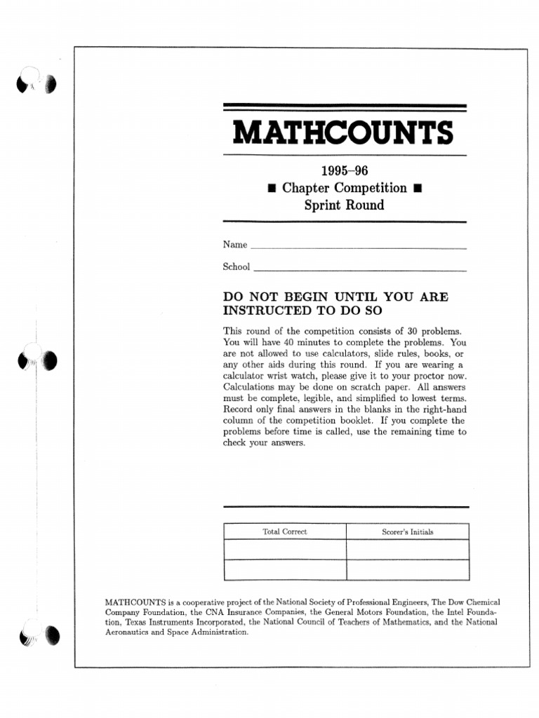 1995-96 Mathcounts Sprint Round Problems | PDF | Triangle | Numbers
