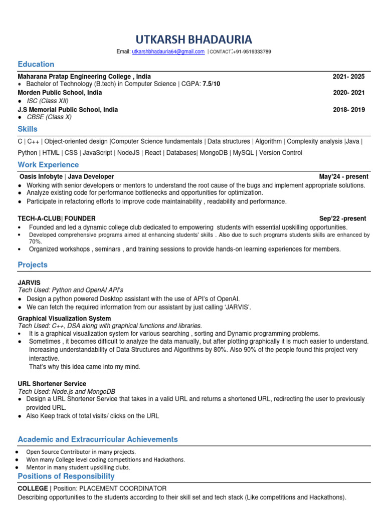 Utkarsh Bhadauria Resume | PDF | Computer Programming | Computer Engineering