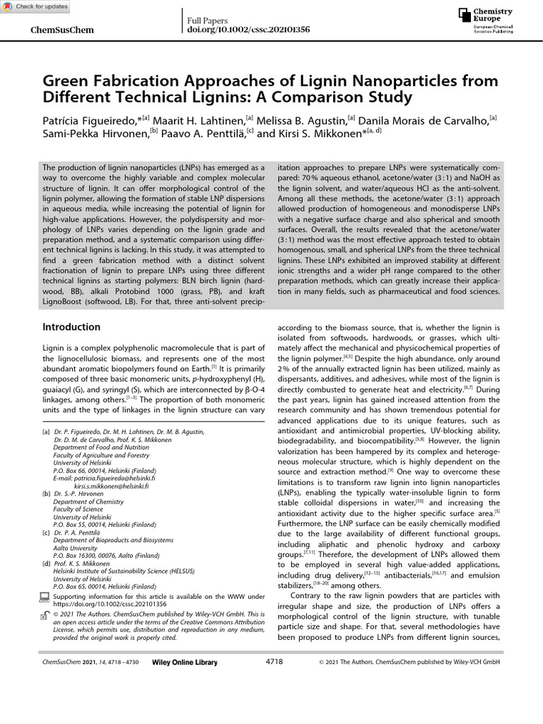 ChemSusChem - 2021 - Figueiredo - Green Fabrication Approaches of Lignin Nanoparticles From ...