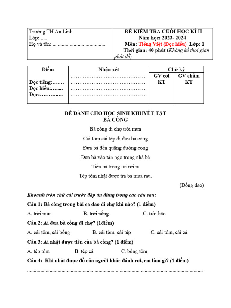 1.3 - ĐỀ KT HK2 TIẾNG VIỆT KHUYET TAT | PDF