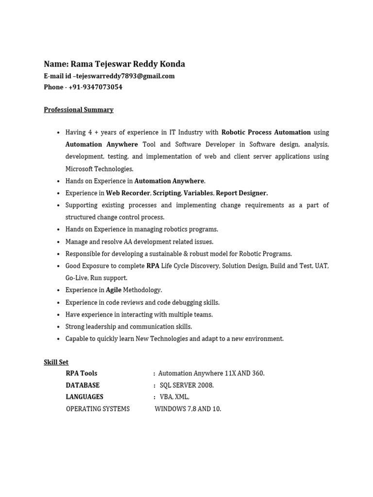 RPA Developer Resume - Automation Anywhere | PDF | Databases | Automation