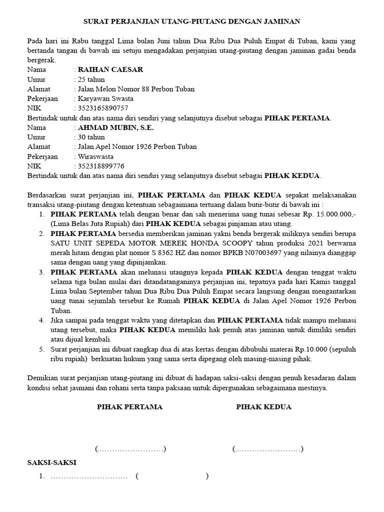 Surat Perjanjian Utang-Piutang Dengan Jaminan | PDF