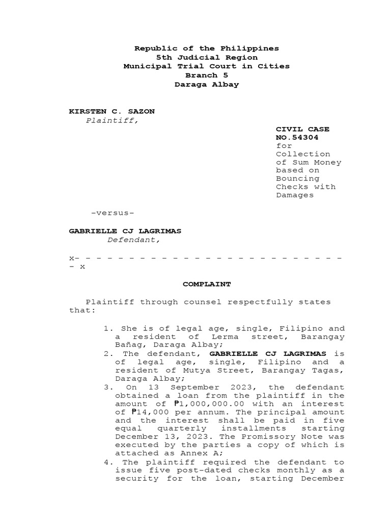 Complaint Example in BP 22 and Collection of Sum Money | PDF ...