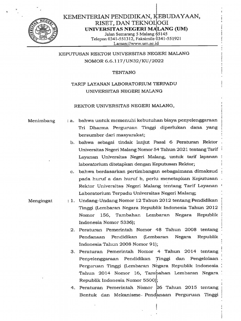 SK Tarif Layanan Lab Terpadu UM 2022 1 | PDF