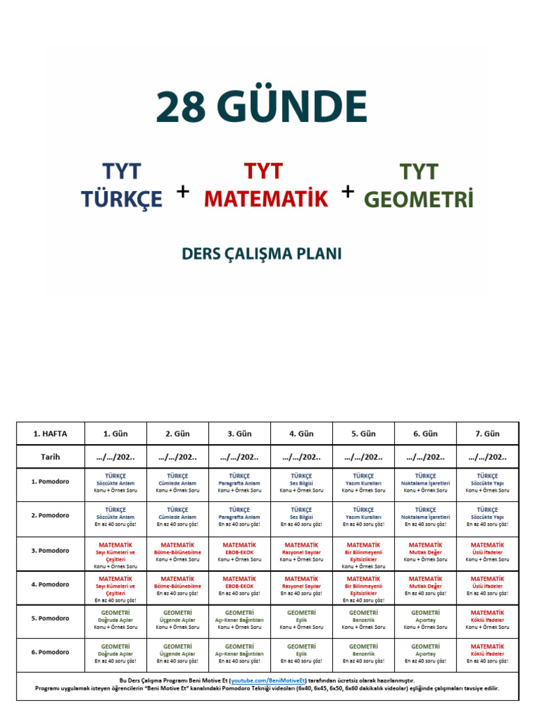 Tyt Ders Calisma Plani Turkce Matematik Geometri | PDF