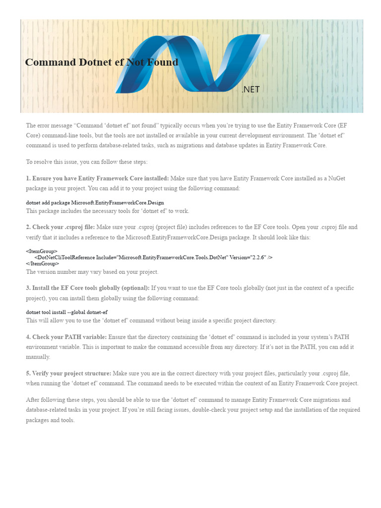 Fixing Command Dotnet Ef Not Found Error | PDF