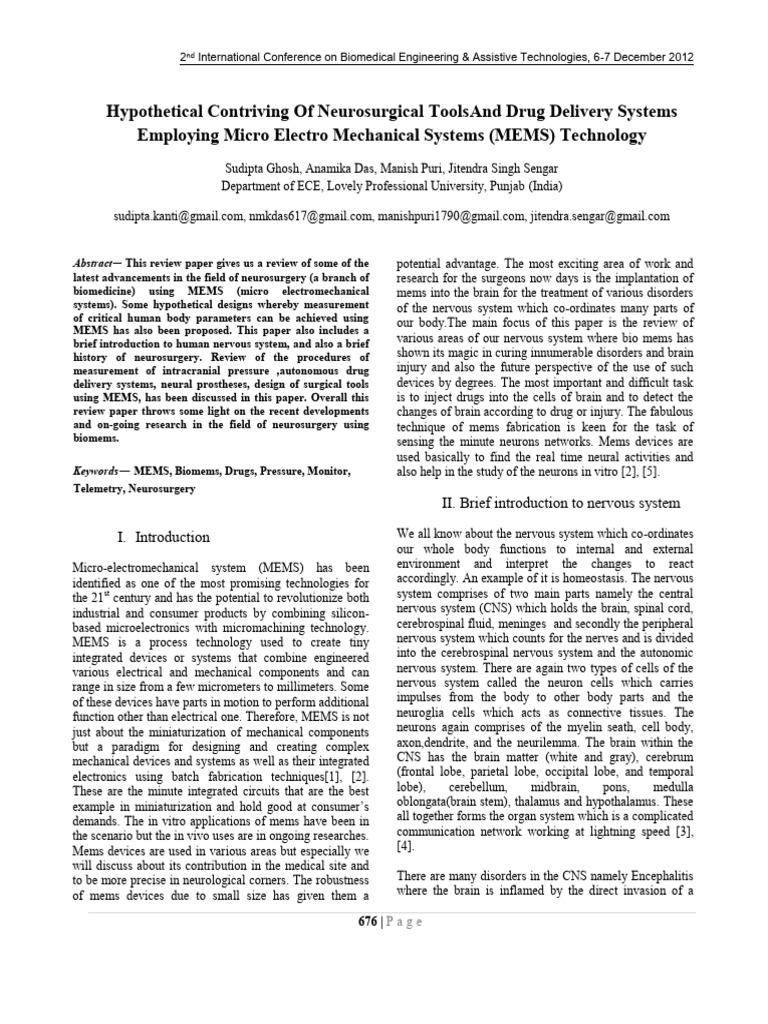 Hypothetical Contriving of Neurosurgical Toolsand Drug Delivery Systems Employing Micro Electro ...