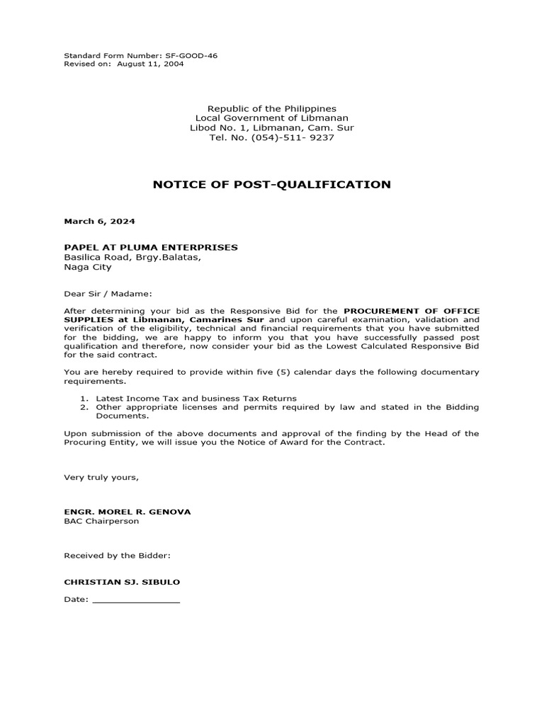 Notice of Post Qualification | PDF