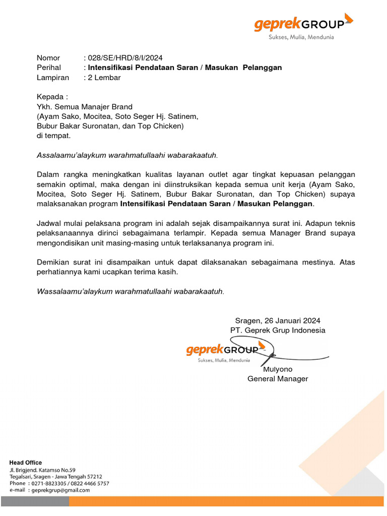 Surat Edaran - Intensifikasi Pendataan Saran Masukan Pelanggan | PDF ...