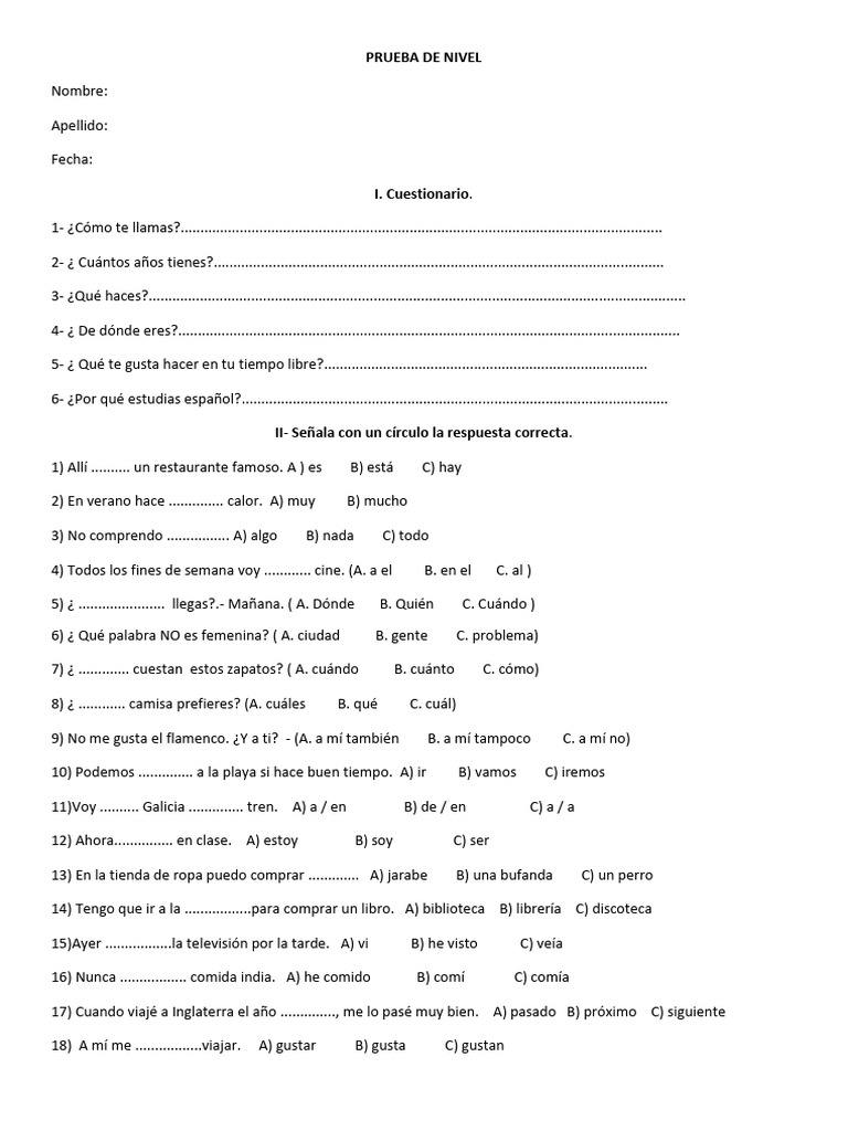 PRUEBA DE NIVEL ESPAÑOL Conjunta | PDF