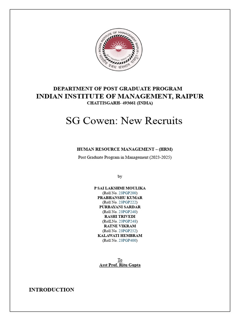 SG Cowen New Recruits Case Study Group 6 | PDF | Recruitment | Leadership