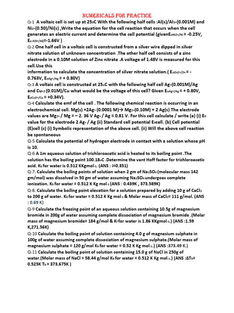 Numericals For Practice | PDF | Physical Sciences | Chemical Substances