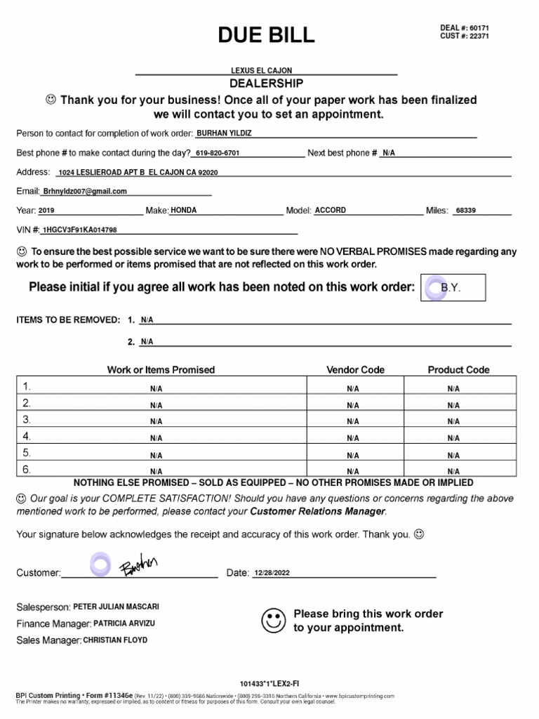 CA Due Bill (Letter Size) | PDF
