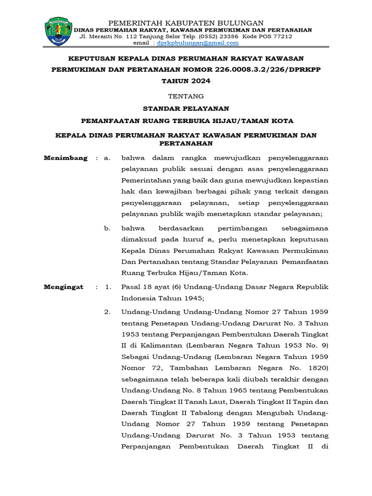 Keputusan Kepala Dinas DPRKPP Standar Pelayanan Izin Pemanfaatan Pertamanan Terbaru | PDF