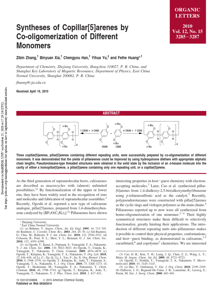 2010 - Copillar (5) Arenes by Co-Oligomerization of Different Monomers - Ol100883k | PDF ...