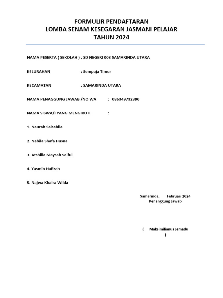 Formulir Lomba Senam SKJ Pelajar 2024 | PDF