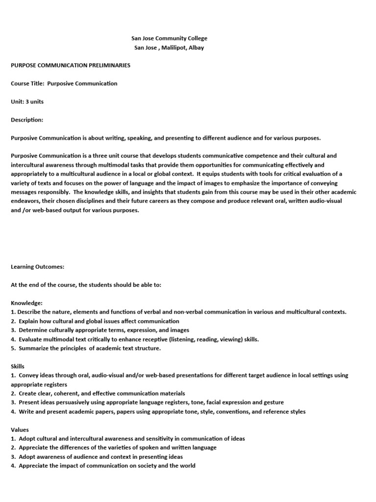 Syllabus Purposive Communication | PDF | Communication | Nonverbal ...