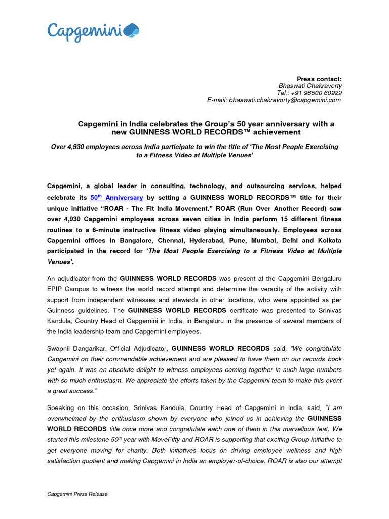 Guinness World Records Roar Capgemini India | PDF