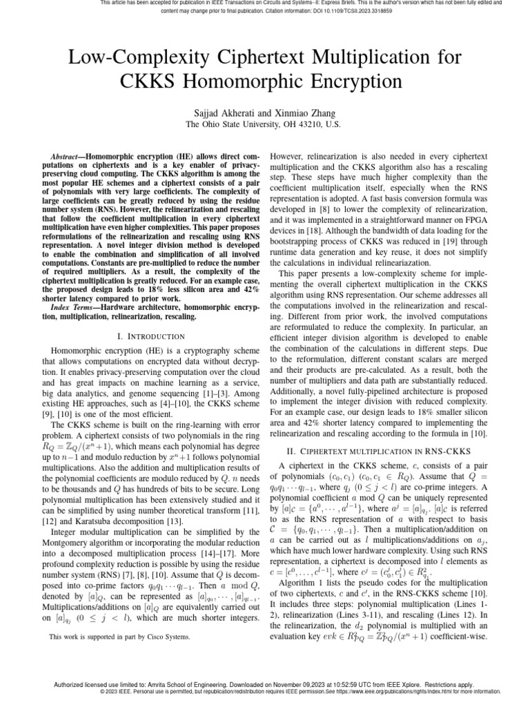 Low-Complexity Ciphertext Multiplication For CKKS Homomorphic Encryption | PDF | Encryption ...