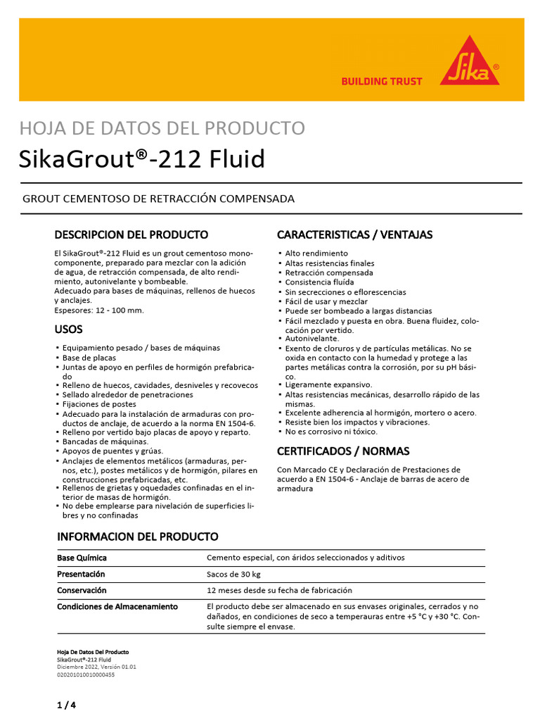 Sikagrout 212 Fluid | PDF | Hormigón | Agua